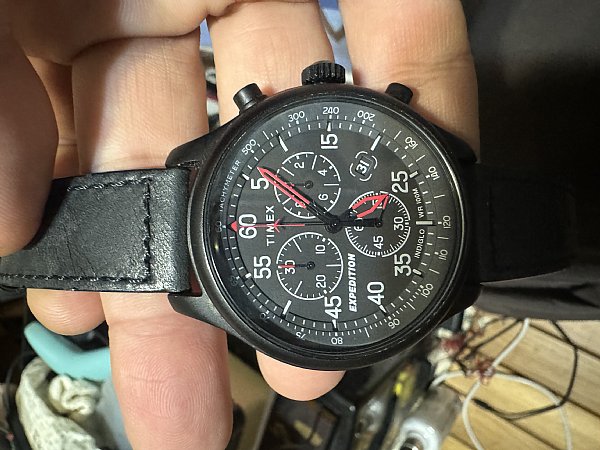 TIMEX 飛行錶計時手錶 Expedition INDIGLO 消光黑夜光面盤真皮錶帶 42mm全部原裝 :::P9品酒網:::